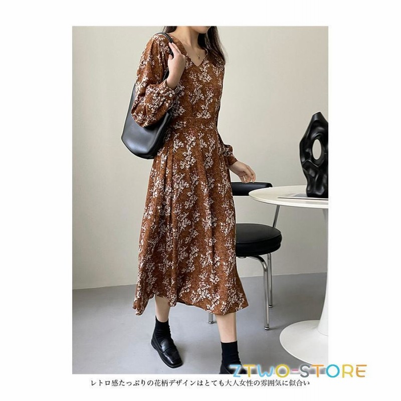 シフォンワンピース 花柄 レトロ レディース 長袖ワンピース V シフォンワンピース 花柄 レトロ レディース 長袖ワンピース V