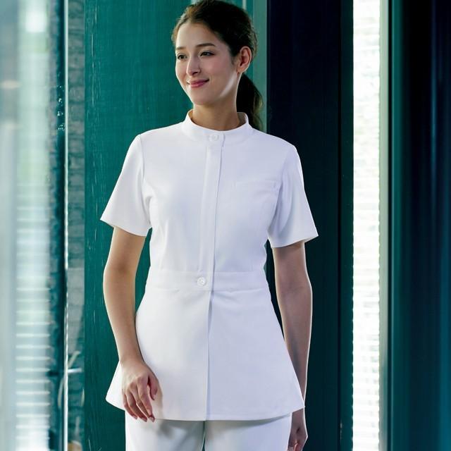 KZN310 カゼン 白衣 ナースウェア ジャケット 女性用 半袖 工業洗濯可 制菌加工 透け防止 吸汗 制電 ストレッチ PHSポケット | LINEブランドカタログ