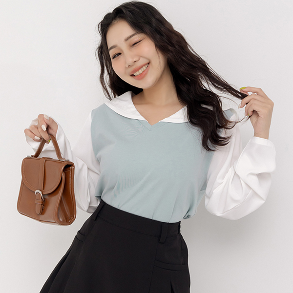 韓系甜美女友多色假兩件水手領上衣 中大尺碼上衣推薦 | Poly Lulu | LINE購物